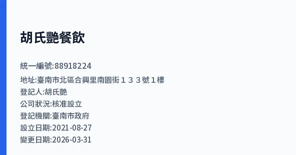 胡氏艷餐飲的照片-統編 88918224(臺南市) 公司登記資料與營業項目詳細圖表
