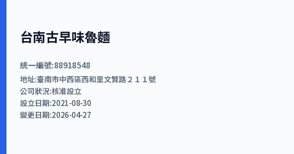 台南古早味魯麵的照片-統編 88918548(臺南市) 公司登記資料與營業項目詳細圖表