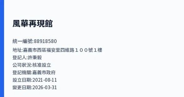 風華再現館的照片-統編 88918580(嘉義市) 公司登記資料與營業項目詳細圖表