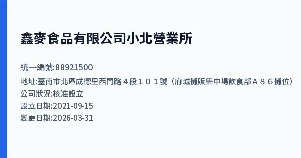 鑫麥食品有限公司小北營業所的照片-統編 88921500(臺南市) 公司登記資料與營業項目詳細圖表