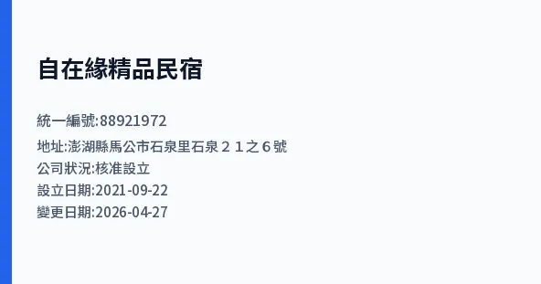 自在緣精品民宿的照片-統編 88921972(澎湖縣) 公司登記資料與營業項目詳細圖表