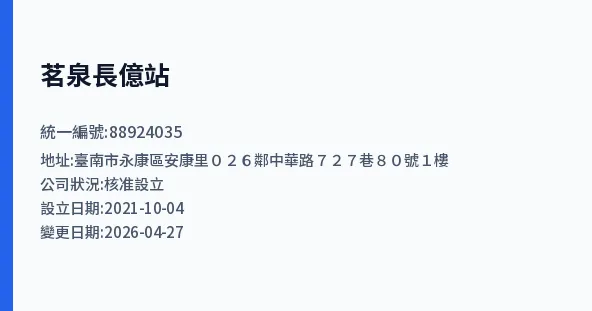 茗泉長億站的照片-統編 88924035(臺南市) 公司登記資料與營業項目詳細圖表