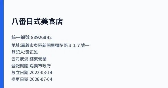 八番日式美食店的照片-統編 88926842(嘉義市) 公司登記資料與營業項目詳細圖表