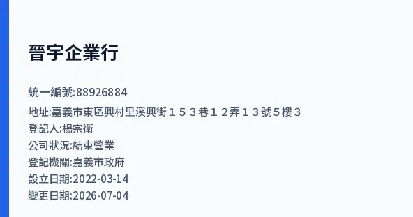 晉宇企業行的照片-統編 88926884(嘉義市) 公司登記資料與營業項目詳細圖表