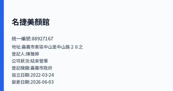 名捷美顏館的照片-統編 88927167(嘉義市) 公司登記資料與營業項目詳細圖表