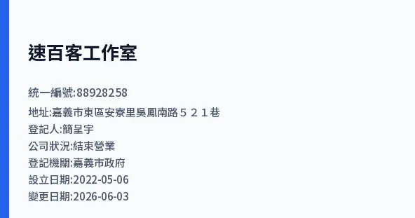 速百客工作室的照片-統編 88928258(嘉義市) 公司登記資料與營業項目詳細圖表