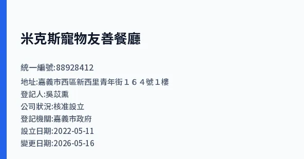 米克斯寵物友善餐廳的照片-統編 88928412(嘉義市) 公司登記資料與營業項目詳細圖表