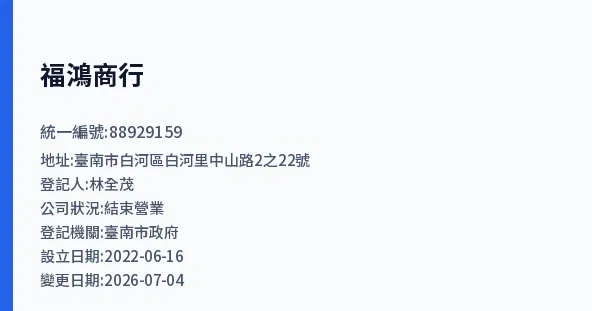 福鴻商行的照片-統編 88929159(臺南市) 公司登記資料與營業項目詳細圖表