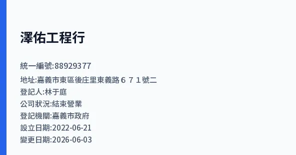 澤佑工程行的照片-統編 88929377(嘉義市) 公司登記資料與營業項目詳細圖表