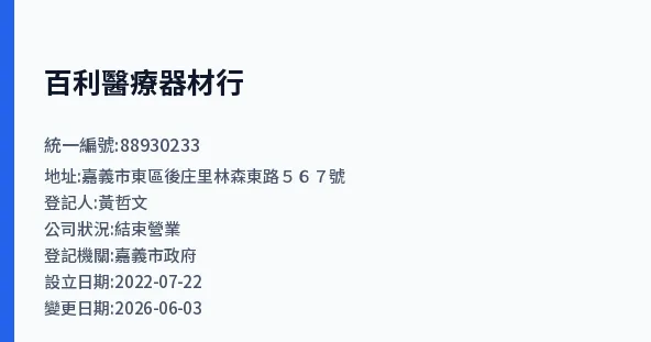 百利醫療器材行的照片-統編 88930233(嘉義市) 公司登記資料與營業項目詳細圖表