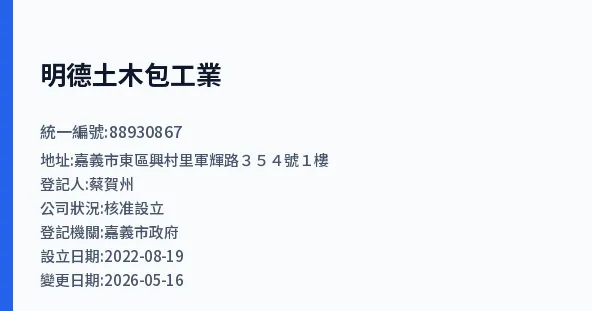 明德土木包工業的照片-統編 88930867(嘉義市) 公司登記資料與營業項目詳細圖表