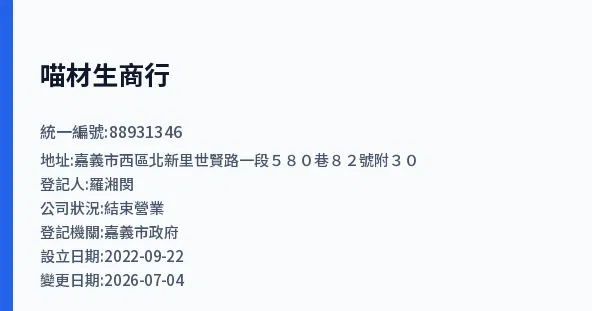 喵材生商行的照片-統編 88931346(嘉義市) 公司登記資料與營業項目詳細圖表