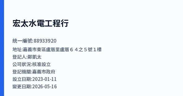 宏太水電工程行的照片-統編 88933920(嘉義市) 公司登記資料與營業項目詳細圖表