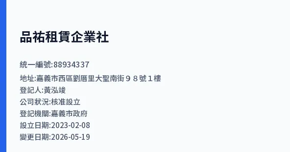 品祐租賃企業社的照片-統編 88934337(嘉義市) 公司登記資料與營業項目詳細圖表