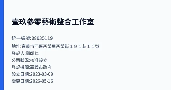 壹玖參零藝術整合工作室的照片-統編 88935119(嘉義市) 公司登記資料與營業項目詳細圖表