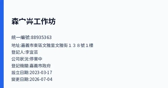 森宀芔工作坊的照片-統編 88935363(嘉義市) 公司登記資料與營業項目詳細圖表