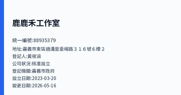 鹿鹿禾工作室的照片-統編 88935379(嘉義市) 公司登記資料與營業項目詳細圖表