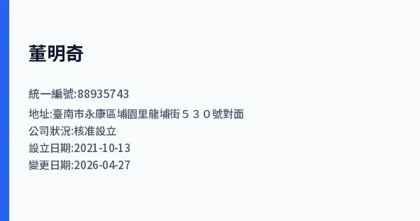 董明奇的照片-統編 88935743(臺南市) 公司登記資料與營業項目詳細圖表