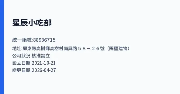 星辰小吃部的照片-統編 88936715(屏東縣) 公司登記資料與營業項目詳細圖表