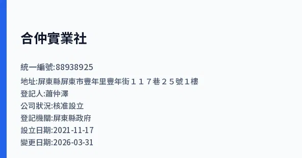 合仲實業社的照片-統編 88938925(屏東縣) 公司登記資料與營業項目詳細圖表