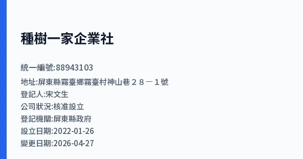 種樹一家企業社的照片-統編 88943103(屏東縣) 公司登記資料與營業項目詳細圖表
