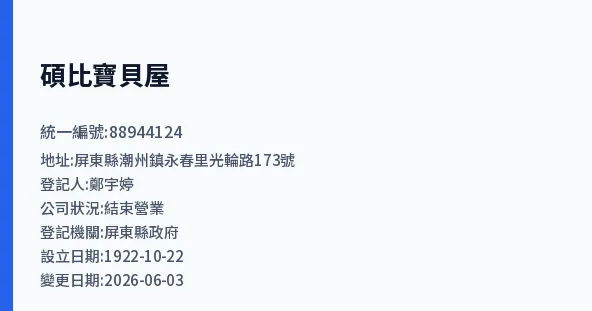 碩比寶貝屋的照片-統編 88944124(屏東縣) 公司登記資料與營業項目詳細圖表