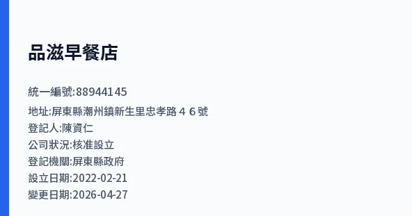 品滋早餐店的照片-統編 88944145(屏東縣) 公司登記資料與營業項目詳細圖表
