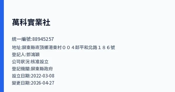 萬科實業社的照片-統編 88945257(屏東縣) 公司登記資料與營業項目詳細圖表