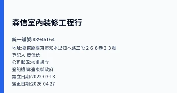 森信室內裝修工程行的照片-統編 88946164(臺東縣) 公司登記資料與營業項目詳細圖表