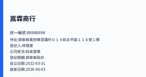 嵩霖商行的照片-統編 88946994(屏東縣) 公司登記資料與營業項目詳細圖表
