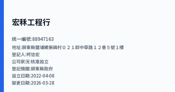 宏秝工程行的照片-統編 88947163(屏東縣) 公司登記資料與營業項目詳細圖表