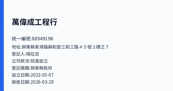 萬偉成工程行的照片-統編 88949198(屏東縣) 公司登記資料與營業項目詳細圖表