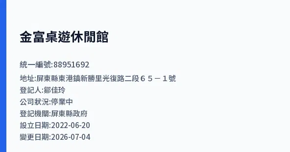 金富桌遊休閒館的照片-統編 88951692(屏東縣) 公司登記資料與營業項目詳細圖表