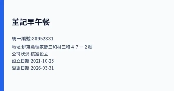 董記早午餐的照片-統編 88952881(屏東縣) 公司登記資料與營業項目詳細圖表
