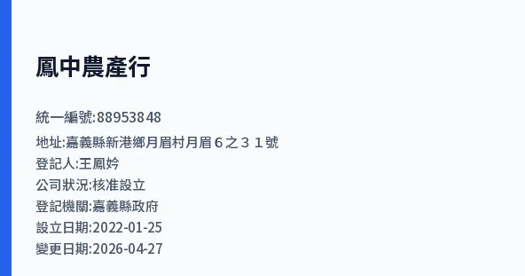 鳳中農產行的照片-統編 88953848(嘉義縣) 公司登記資料與營業項目詳細圖表