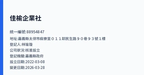 佳榆企業社的照片-統編 88954847(嘉義縣) 公司登記資料與營業項目詳細圖表