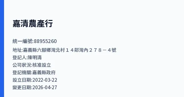 嘉清農產行的照片-統編 88955260(嘉義縣) 公司登記資料與營業項目詳細圖表