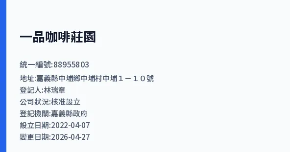 一品咖啡莊園的照片-統編 88955803(嘉義縣) 公司登記資料與營業項目詳細圖表