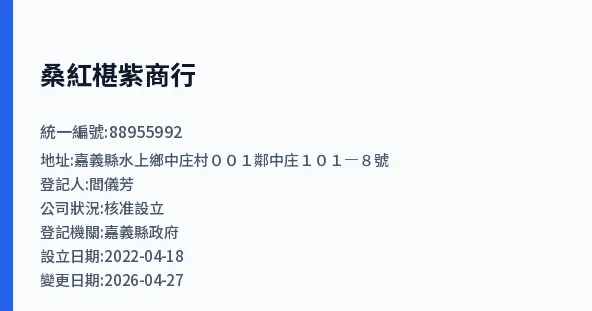 桑紅椹紫商行的照片-統編 88955992(嘉義縣) 公司登記資料與營業項目詳細圖表