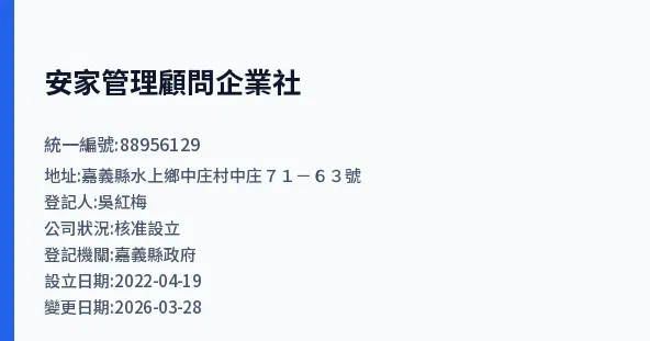 安家管理顧問企業社的照片-統編 88956129(嘉義縣) 公司登記資料與營業項目詳細圖表