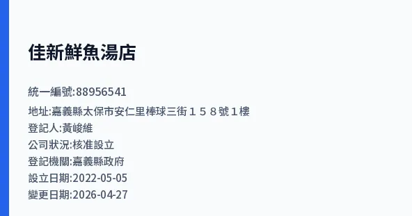 佳新鮮魚湯店的照片-統編 88956541(嘉義縣) 公司登記資料與營業項目詳細圖表
