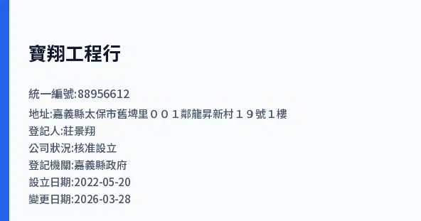 寶翔工程行的照片-統編 88956612(嘉義縣) 公司登記資料與營業項目詳細圖表