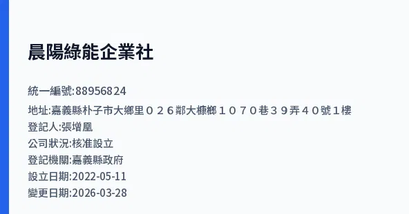 晨陽綠能企業社的照片-統編 88956824(嘉義縣) 公司登記資料與營業項目詳細圖表