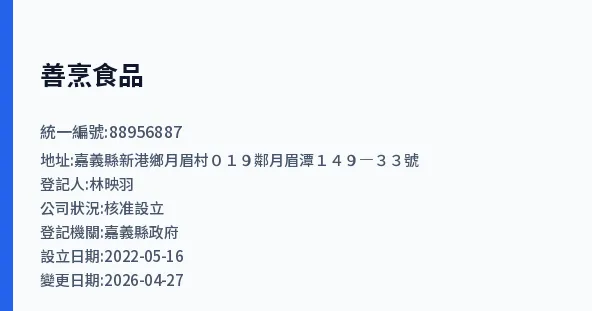 善烹食品的照片-統編 88956887(嘉義縣) 公司登記資料與營業項目詳細圖表