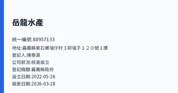 岳龍水產的照片-統編 88957133(嘉義縣) 公司登記資料與營業項目詳細圖表