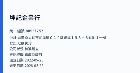 坤記企業行的照片-統編 88957252(嘉義縣) 公司登記資料與營業項目詳細圖表