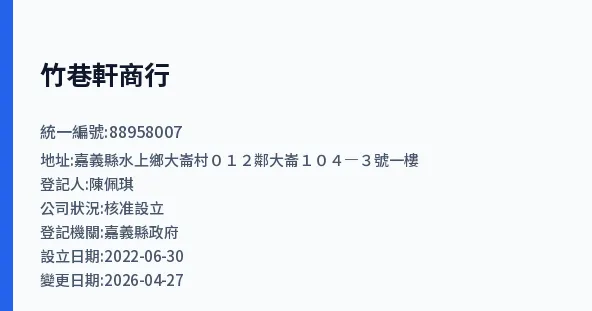 竹巷軒商行的照片-統編 88958007(嘉義縣) 公司登記資料與營業項目詳細圖表