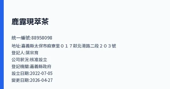 鹿露現萃茶的照片-統編 88958098(嘉義縣) 公司登記資料與營業項目詳細圖表