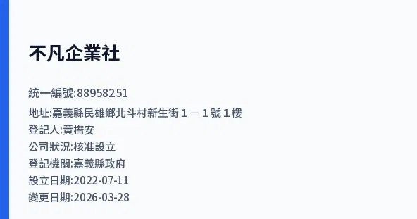 不凡企業社的照片-統編 88958251(嘉義縣) 公司登記資料與營業項目詳細圖表