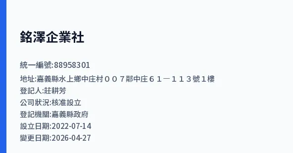 銘澤企業社的照片-統編 88958301(嘉義縣) 公司登記資料與營業項目詳細圖表